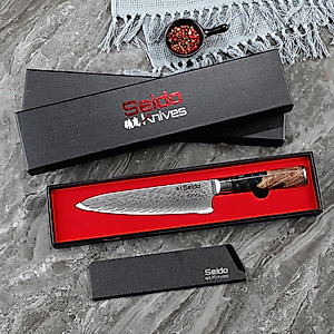 Seido Knives Gyuto Executive Chef Knife 8 inch Razor Blade Shard Traditional Japanese VG10 Damascus Steel - Stainless Steel Bolster, Resin Epoxy Black Handle