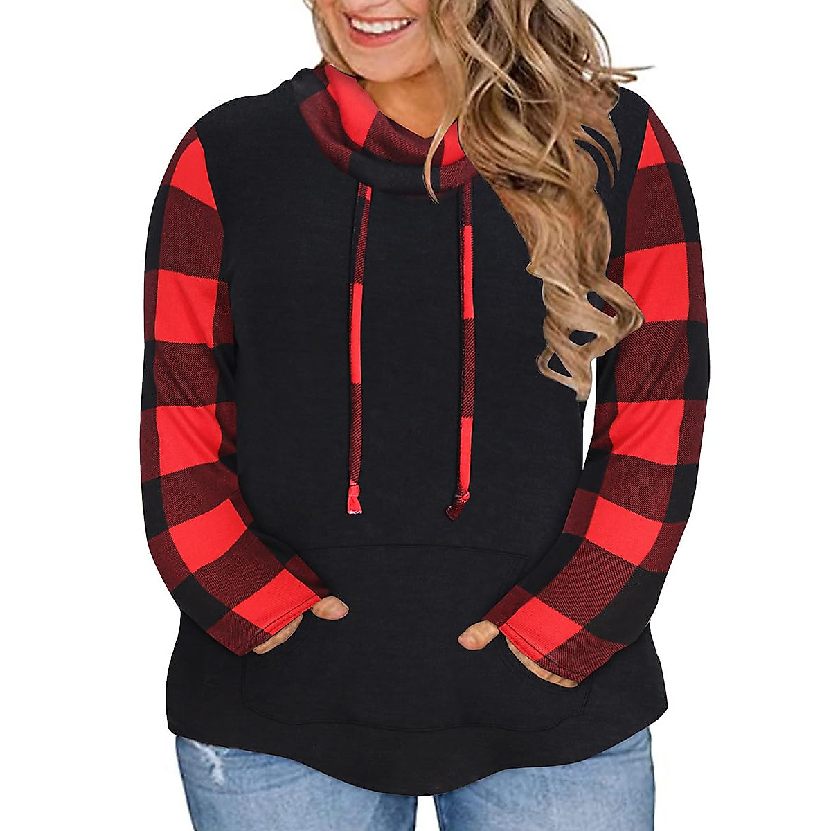 TIYOMI Womens Plus Size Tops Mock Neck Long Sleeve Shirts Turtleneck Raglan Tunics with Pocket Fall Winter 2XL Drawstring Loose Comfy Sweatshirt Solid Casual Colorblock Black Red Plaid Pullover