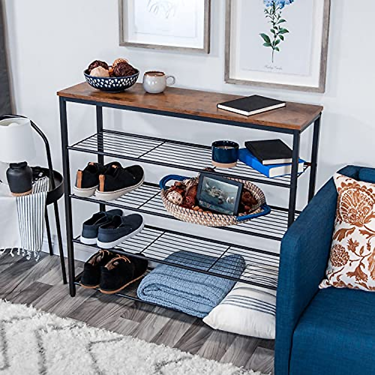AVAFORT Four Layer Shoe Bench Freestand Rack, Metal Frame, Rustic Brown