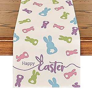 Artoid Mode Bunny Rabbit Doll Color Happy Easter Table Runner, Seasonal Spring Holiday Kitchen Dining Table Decoration for Home Party Decor 13x72 Inch