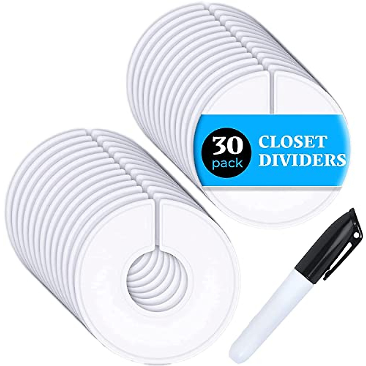 30 Closet Dividers for Hanging Clothes- White Closet Divider Set of 30 | Clothing Rack Dividers, Clothes Dividers for Closets, Closet Labels, Dividers Closet Clothes Dividers + Marker
