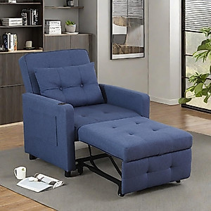 ChicFurnit Sleeper Chair, 3-in-1 Convertible Chair Bed with USB Ports, Pull Out Couch with Side Pocket, Adjustable Single Armchair Sofa Bed for Living Room, Apartments & Studios, Linen Navy
