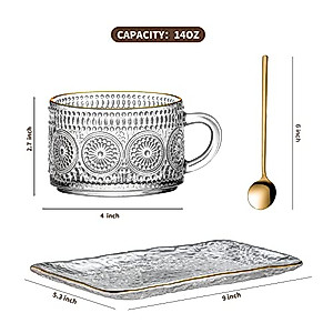 Gezzeny Vintage Coffee Mugs Set, Glass Cups Set with Saucer and Spoon, Clear Embossed Tea Breakfast Dessert Plate for Cappuccino, Latte, Cereal, Milk, Home Office Party, Golden, 3 Piece,14 oz