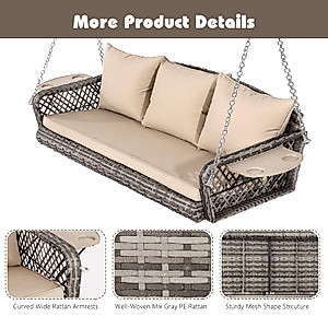 TOBYUL 3-Seats Outdoor Wicker Hanging Porch Swing Chair, Patio Swing Lounge with 2 Cup Holders,3 Back Cushions,1 Seat Cushion for Backyard Garden Park Deck