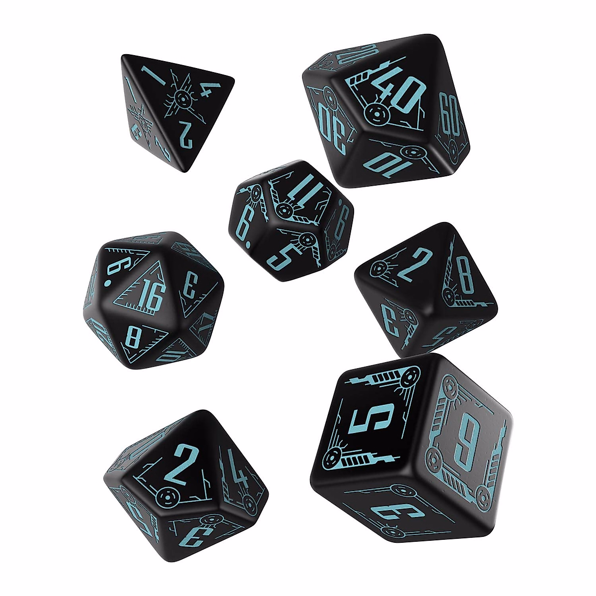 Q-Workshop Galactic Black & Blue RPG Ornamented Dice Set 7 Polyhedral Pieces,QWOGAL67