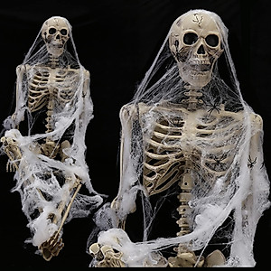 HBSTK 5.5Ft/65 Inches /165cm Pose-N-Stay Halloween Skeleton Life Size Full Body Posable Movable Jonints with 200sqft Strech Cobweb and 50 Small Fake Spiders for Halloween Decoration Decor