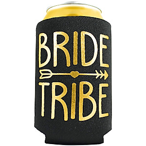 11pc Set. Bride Tribe and Bride Drink Coolers for Bachelorette Party, Bridal Shower and Wedding. 4mm Thick Bottle Sleeves, Can Coolies, Beverage Insulators (11pc Set, Black & Gold)