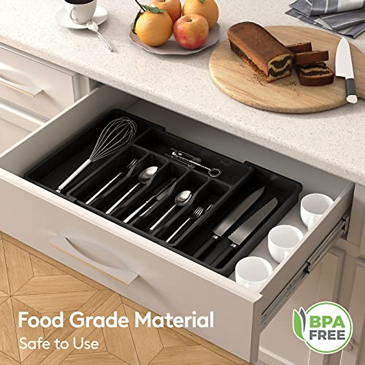 Lifewit Silverware Drawer Organizer, Expandable Utensil Tray for Kitchen, Adjustable Flatware and Cutlery Holder, Compact Plastic Storage for Spoons Forks Knives, Large, Black
