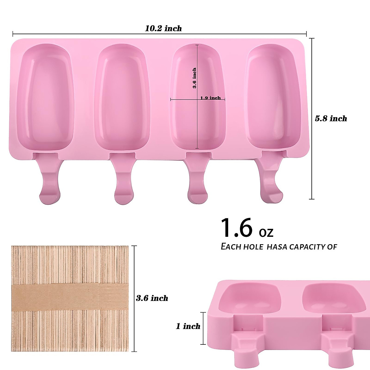 WMKGG Popsicle Silicone Molds Set, 2 PCS Ice Cream Molds with 50 Wooden Sticks for Cake Pop, Ice Pop, Cakesicles (Standard Size/Pink)