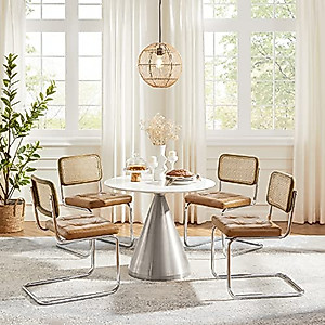 Zouron Mid-Century Modern Dining Chairs, Leather Accent Kitchen Chairs with Rattan Back, Armless Upholstered Fabric Spone Chairs with Chrome Metal Legs, Set of 2, Yellwo Brown