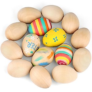 Fovths Elcoho 15 Packs Unfinished Wooden Easter Eggs Unpainted Easter Eggs Toys Mini DIY Fake Art Craft Eggs with Brushes and Paints for Easter Decorating Party Supplies, Natural