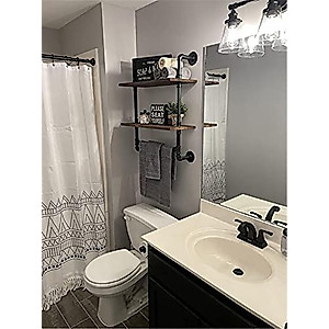 LoftPaipes Industrial Pipe Bathroom Shelf,Rustic Wood Wall Mount Shelf with Towel Bar,24" Black Matte Towel Racks,2 Tiered Metal Floating Shelves Shelving Iron Towel Holder