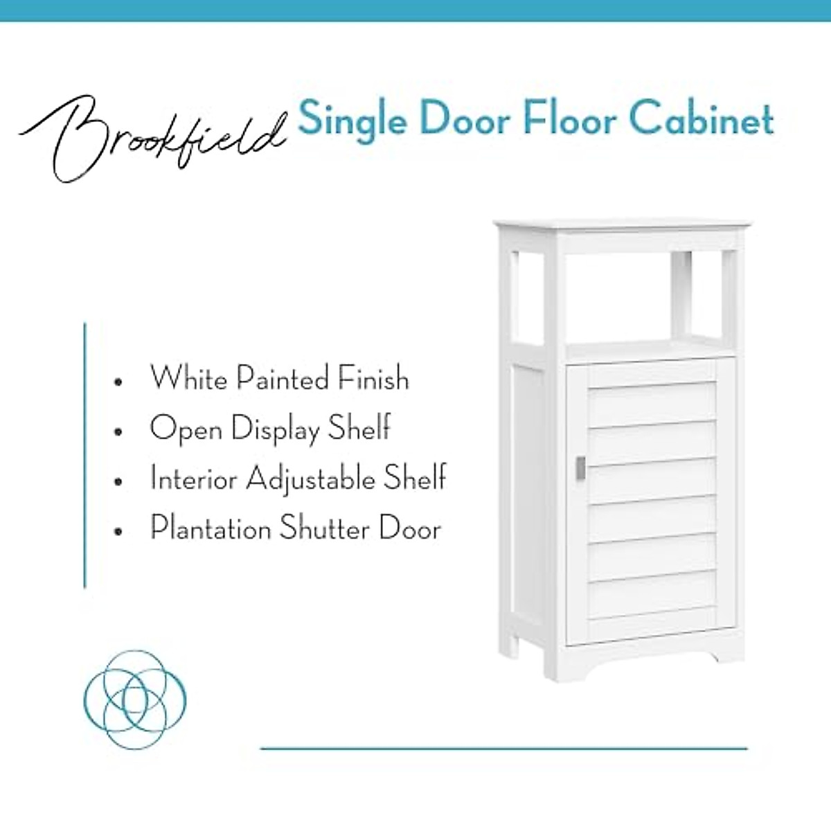 RiverRidge Brookfield Single Door Floor Storage Cabinet Bathroom Cabinet with Shutter Style Door, Open Shelves & Adjustable Interior Shelf