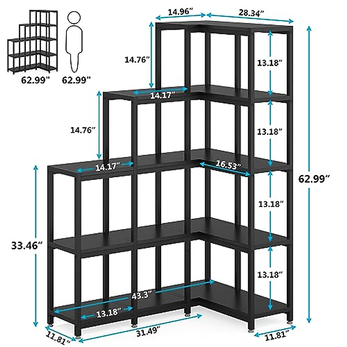 Tribesigns 5-Tier Corner Bookshelf, 63” Tall Modern L-Shaped Bookshelf Corner Bookcase, 17 Shelves Black Stepped Bookcase Display Rack Storage Shelf for Living Room Home Office (Black)