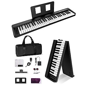 Finger Dance 61 Key Folding Piano Keyboard, Upgrand Imitation Wood Texture Keyboard Portable Piano, Bluetooth & MIDI, Foldable Keyboard Piano for Beginner - Deep Black