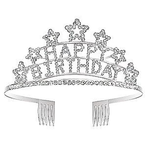 SWEETV Happy Birthday Tiara Crown for Girls & Women, Rhinestone Bday Crown with Comb, Crystal Birthday Party Hat Gift Princess Headpieces, Clear