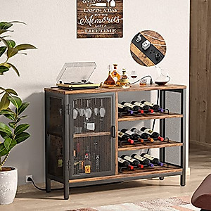 Homieasy Wine Bar Cabinet with Power Outlets, Industrial Coffee Bar Cabinet for Liquor and Glasses, Farmhouse Bar Cabinet with Removable Wine Racks, Rustic Brown