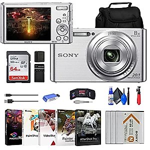 Sony DSC-W830 Digital Camera (Silver) (DSC-W830) + 2 x NP-BN1 Battery + Case + Charger + 64GB Card + Card Reader + Corel Photo Software + Flex Tripod + Micro USB Cable + Memory Wallet + Cleaning Kit