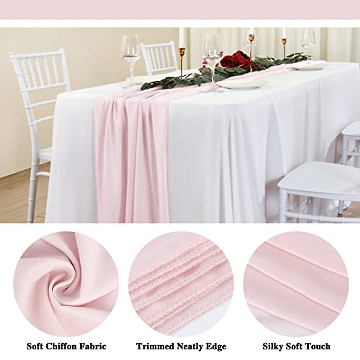FYY 2PCS 10ft Chiffon Table Runner,29x120 Inches Romantic Wedding Runner,Pink Sheer Chiffon Table Cover Dressing Table Runner for Wedding Birthday Party Bridal Baby Shower Decorations-Pink