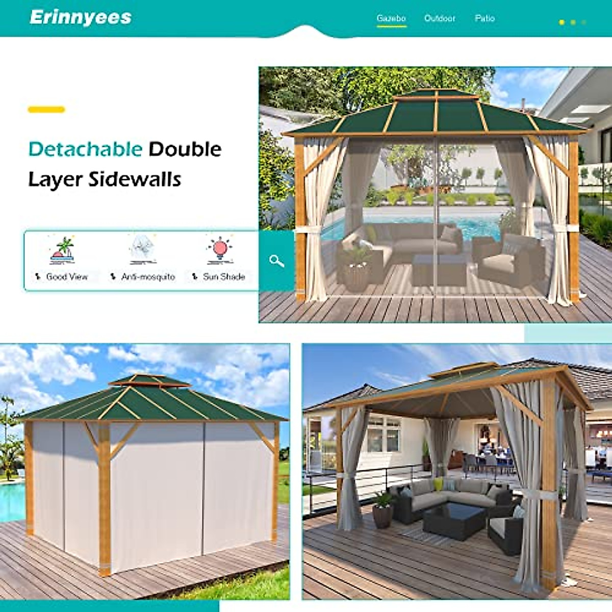 Erinnyees 10' x 12' Wood Grain Hardtop Gazebo, Outdoor Aluminum Composite Double Roof with Privacy Curtain and Mosquito Net for Patio, Lawn, Garden, Deck(Wood Looking, Dark Green)