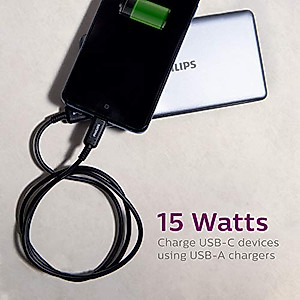 Philips Accessories USB-C to USB-A Charging Cable, 6 Ft Cord, USB-If Certified, 15W, Compatible W/iPad Pro, MacBook Pro, Samsung Galaxy S21/S10/S9/Plus, Google Pixel 5/C/3/2/XL, Black, DLC4106A/37