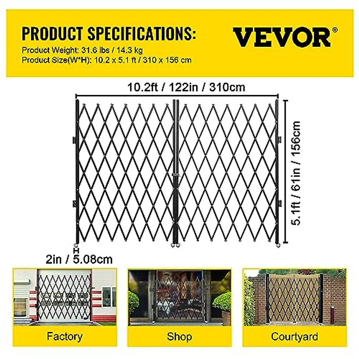 VEVOR Double Folding Security Gate, 63.39" H x 122" W Folding Door Gate, Steel Accordion Security Gate, Flexible Expanding Security Gate, 360° Rolling Barricade Gate, Scissor Gate or Door with Keys