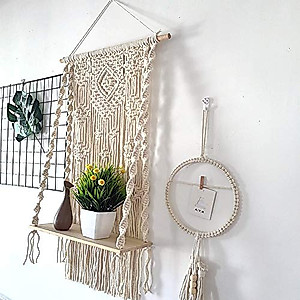 Handmade Macrame Wall Hanging Shelf,Bohemian Wooden Handmade Macrame Wall Hanging Rope Shelf Floating Plant Rack Stand Macrame Tapestry for Home Decor Ornament
