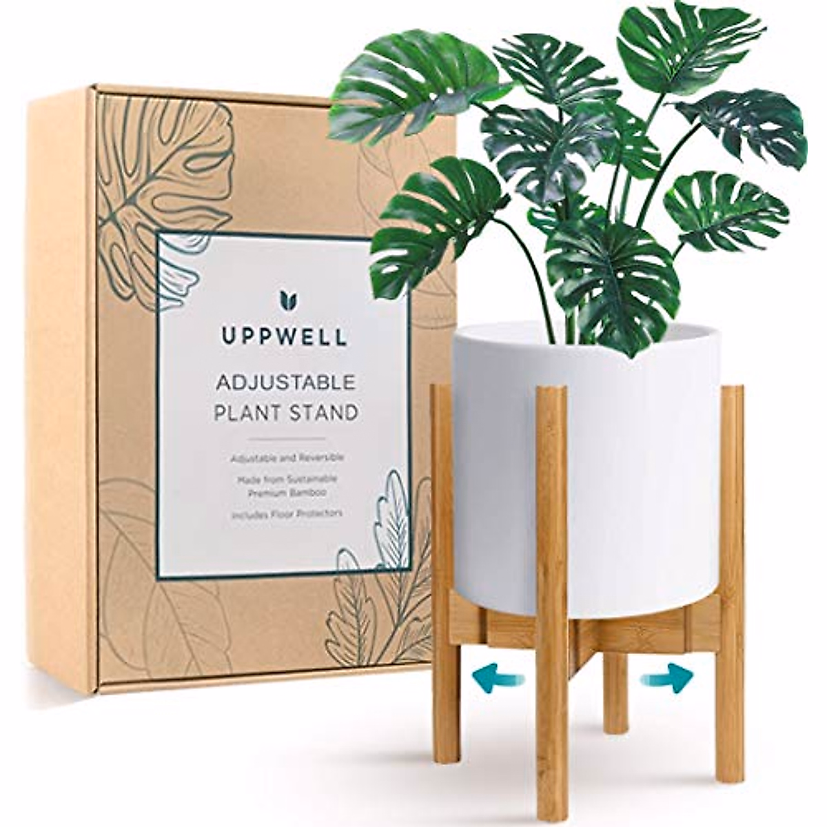 UppWell | Adjustable Wood Plant Stand Indoor | Eco-Friendly Bamboo 8-12 Inch Mid Century Modern Flower Pot Stand | Sustainable Planter Holder for Living Room Balcony | One Tree Planted per Purchase