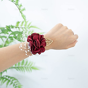 AUEAR, Rose Bridal Burgundy Red Wrist Corsage and Boutonniere Set Bridesmaid Hand Flower for Wedding