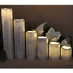 Flameless LED Candles Battery Operated with Timer Slim Set of 6, 2 Inches Wide and 2 - 9 Inches Tall, SilverCoated Wax and Flickering Warm White Flame for Home Holiday Decor or Christmas Decorations