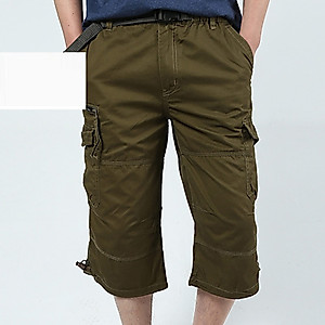 Men's Relaxed Fit 3/4 Cargo Shorts Twill Elastic Waist Multi Pocket Capri Pants Casual Loose Fit Below Knee Short (Yellow,Large)
