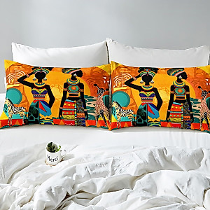 Feelyou Black Woman Bedding Set Ethnic Afro African Comforter Cover Set Traditional Exotic Duvet Cover Set Tribal Quilt Cover 1 Duvet Cover with 2 Pillowcases King
