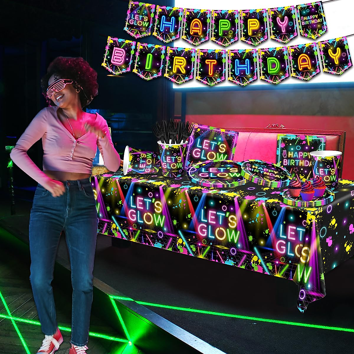 Neon Party Supplies,142Pcs Let Glow Party Decorations Including Disposable Paper Plates,Cups,Tablecloths, Glow in the Dark Theme Decoration for Birthday Baby Shower Party