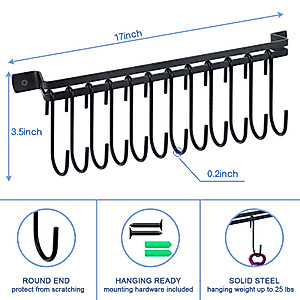 Pots and Pans Hanging Rack Wall Mounted,Kitchen Utensil Hanger with 12 Pack Black S Hooks for Hanging Spatulas Measuring Spoons Tools Coffee Mug,Anti-Drop Kitchen Wall Rack Rrganizer -17 Inch