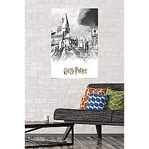 Trends International The Wizarding World: Harry Potter - Illustrated Hogwarts Wall Poster, 22.375" x 34", Poster & Mount Bundle