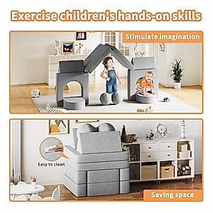 linor Kids Couch Toddler Couch 9pcs Kids Sofa Couch with Spherical Module and Tunnel Elements, Toddler Sofa Kids Fold Out Couch for Playroom Bedroom, Creative Baby Couch Kids Foam Couch (Grey)