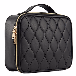 Stagiant Travel Makeup Bag, Make up Bag for Women, Large Leather Cosmetic Bag Travel Toiletry Bag for Girls Make Up Bag Brush Organizer Bags (Quilted Black)