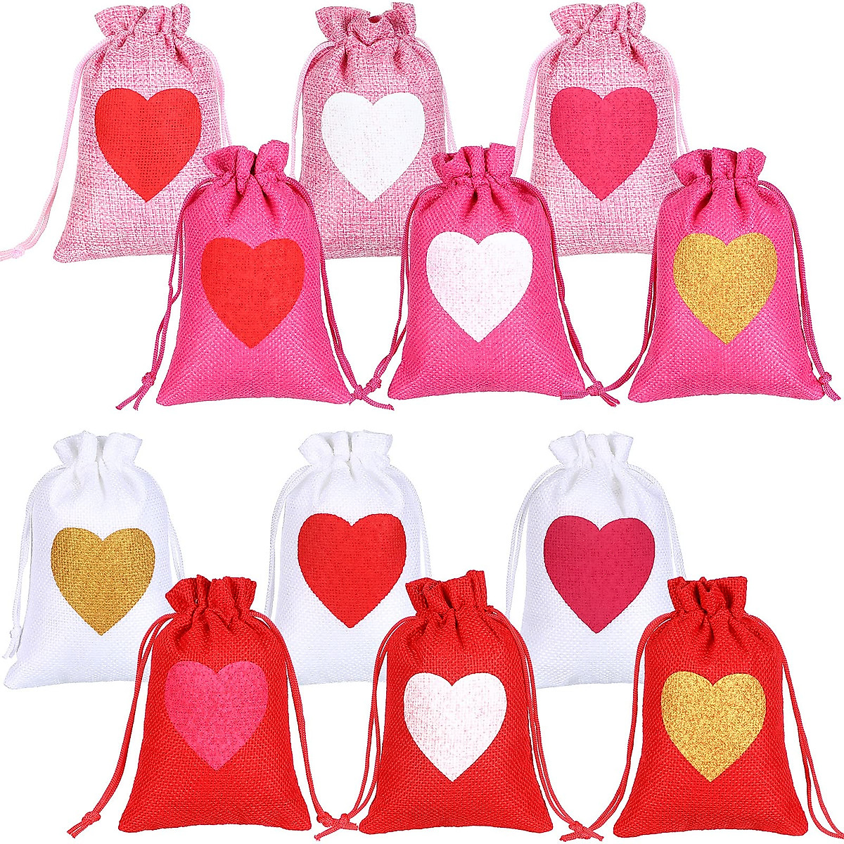 36 Pcs Valentine's Day Heart Burlap Gift Bags 4 x 6 Inch Burlap Bags with Drawstring Small Linen Jewelry Pouches Drawstring Bags for Wedding Baby Shower Party Favors Christmas DIY Craft, 4 Colors