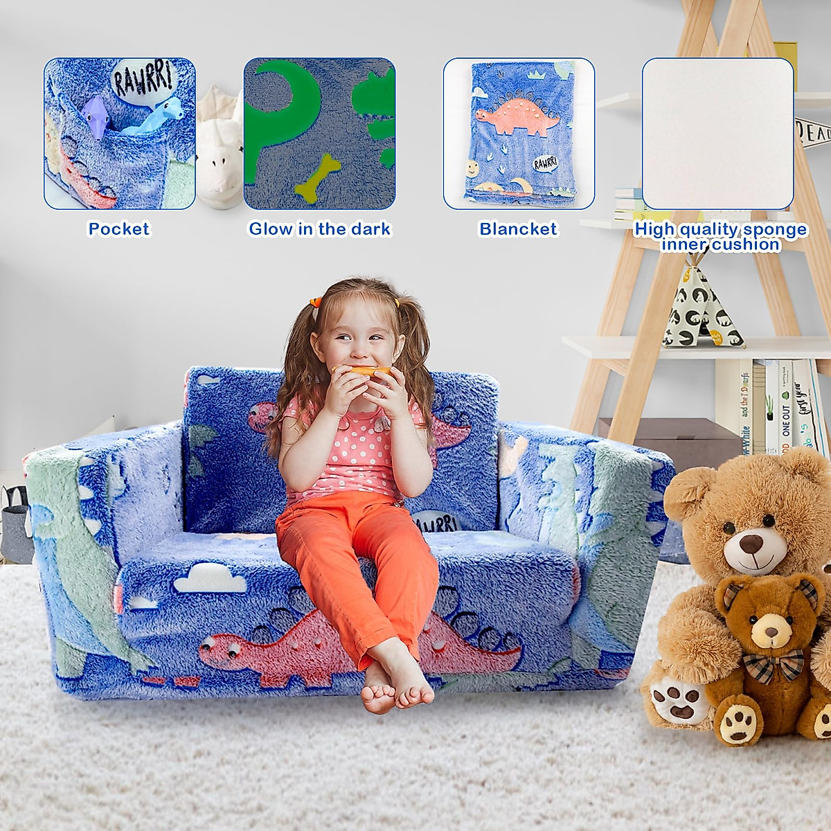 Maigandamai Toddler Sofa 2 in 1 Kids Sofa with Blanket Toddler Chair Couch with Removable Cover Fold Out and Large Size Convertible Sofa to Bed, for Girl and Boy Age 1-3