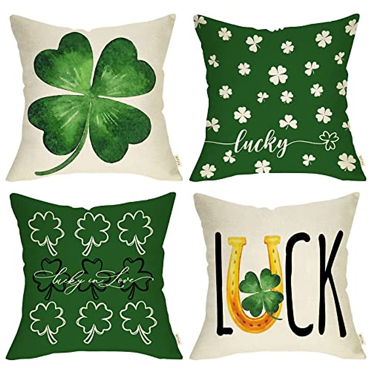 Fjfz St. Patrick's Day Luck Clover Decorative Throw Pillow Covers 20 x 20 Set of 4, Green Shamrock Horseshoe Holiday Porch Patio Home Decor, Irish Lucky in Love Gifts Outdoor Sofa Couch Cushion Case
