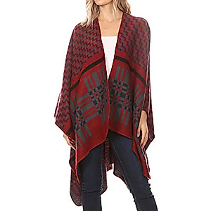 Sakkas 1928 - Lupe Womens Reversible Poncho Wrap Cape Shawl Sweater Coat Cardigan Pattern - Zigzag Burgundy - OS