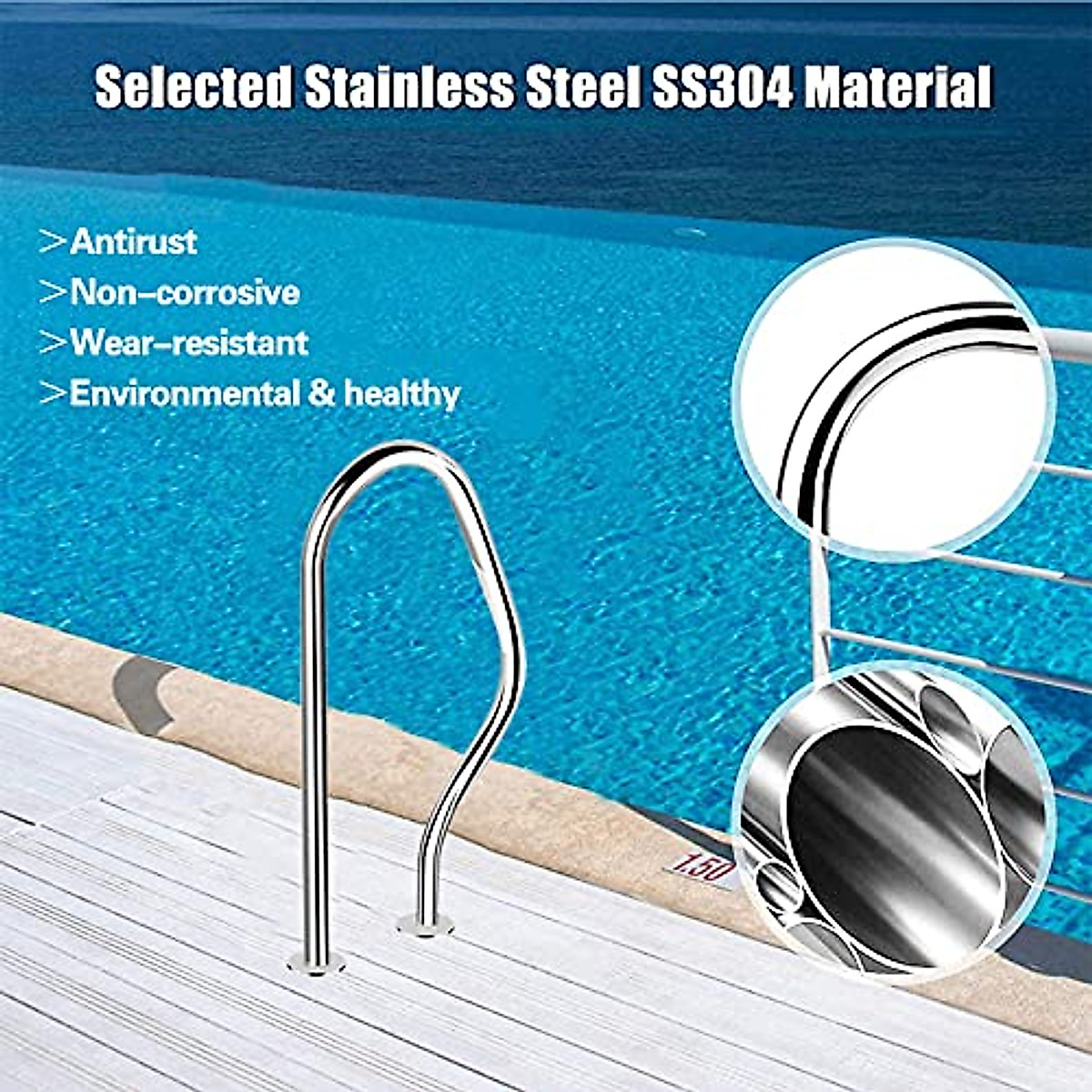 BTZHY Pool Handrails 3-Bends Easy Mount Hand Rail, 304 Stainless Steel ...