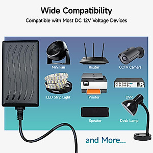 UL Listed 12V 1A 6ft Power Supply Adapter, 100-240V 50/60Hz AC to DC 12V 1000mA 800mA 600mA 500mA 300mA Universal AC Adapter with 5.5mm*2.1mm DC Plug, Center Positive