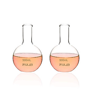 ULAB Boiling Flask of Flat Bottom Set, 2pcs of Vol.500ml, Borosilicate 3.3 Glass Material, UBF1010
