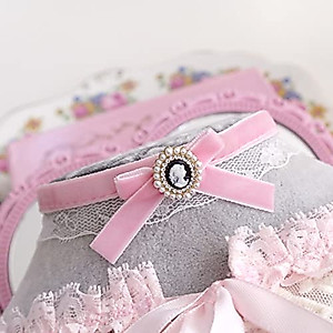 Victorian style lady head peal cameo charm choker necklace, baby pink velvet bow White lace, romantic cute jewelry (35, Pink)