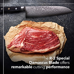 JCK ORIGINAL Kagayaki Japanese Chef’s Knife, KGRP-2 Professional Santoku Knife, Polished Patterned Damascus Stainless Steel with Ergonomic Black Pakka Wood Handle, 6.8 inch