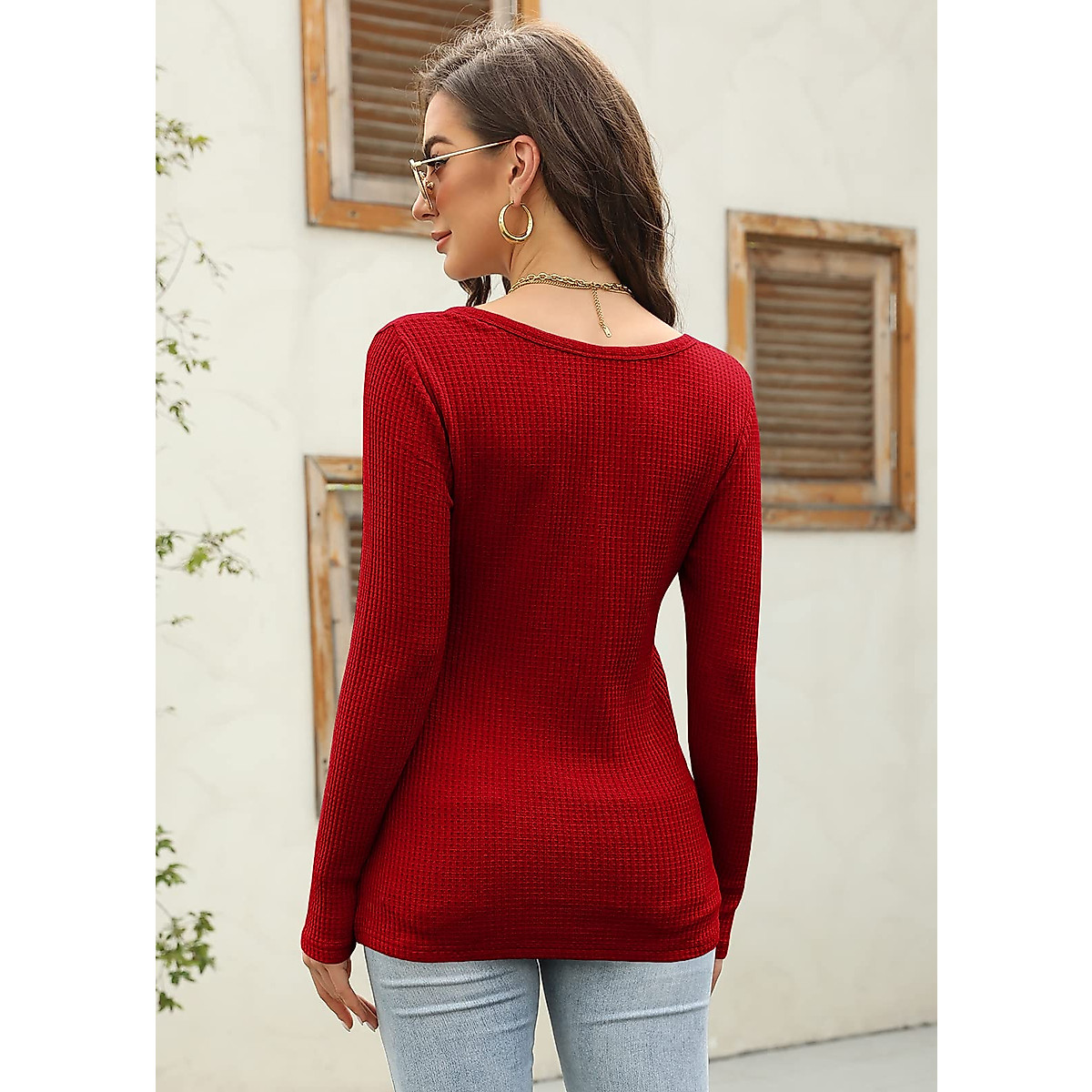Women's V Neck Waffle Knit Henley Tops Casual Long Sleeve Pullover Sweater Blouses (Red, X-Large)