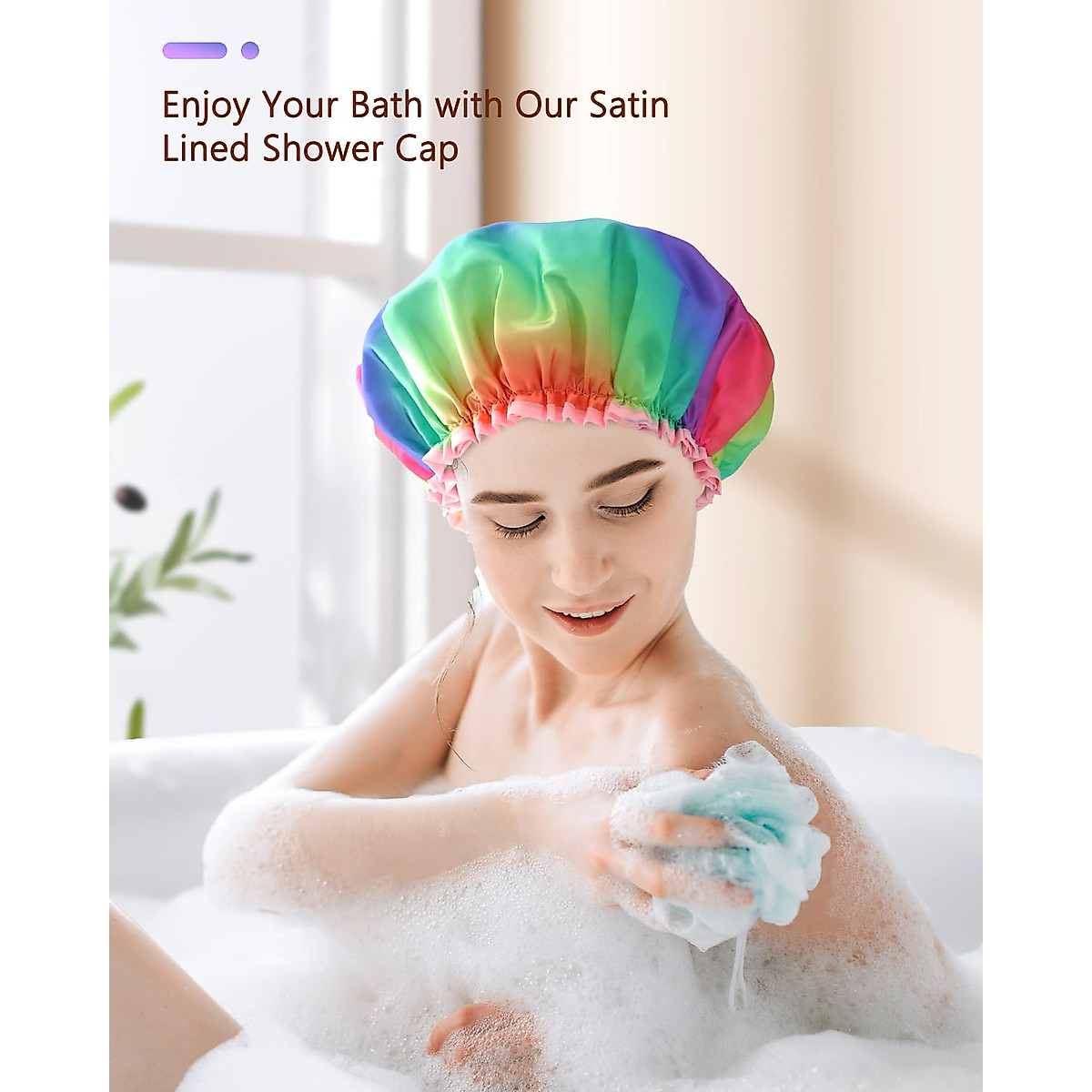 mikimini Shower Cap for Women Long Hair, 2 Pack,Double Layer Waterproof, X-Large, Reusable, Washable, No Smell, Rainbow Fashion Shower Cap