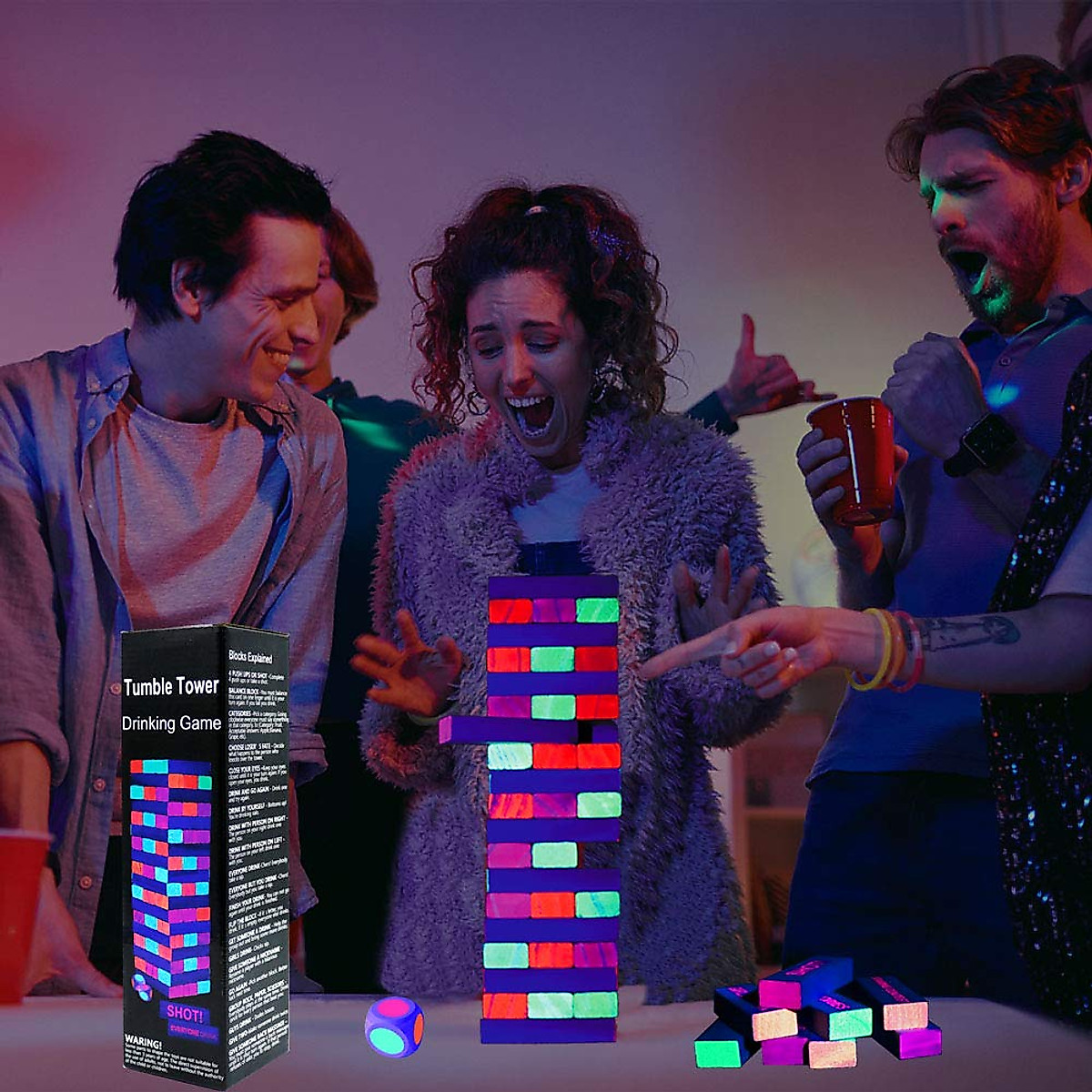 Drinking Games for Adults Party, Black Light Tumble Tower -Glowing Drinking Games Suitable for Day Or Night, 54 Blocks with Hilarious Drinking Commands, Stacking Games for adults party
