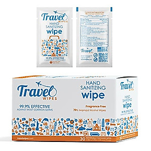 HAND SANITIZING TRAVEL WIPES - Individually Packed Premium Hand Sanitizing Wipes for Travel, Home, Office, School, etc. with Moisturizer - Manufactured in USA (Fragrance Free 30ct Box)